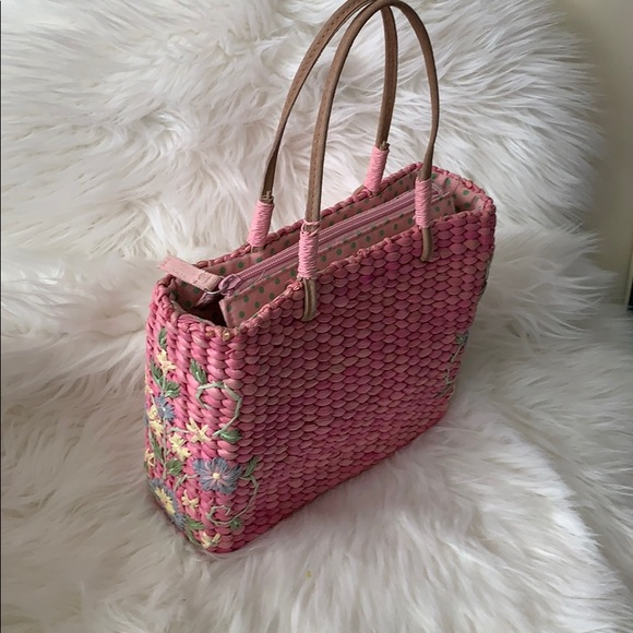 Bags | Floral Pink Woven Straw Bag | Poshmark